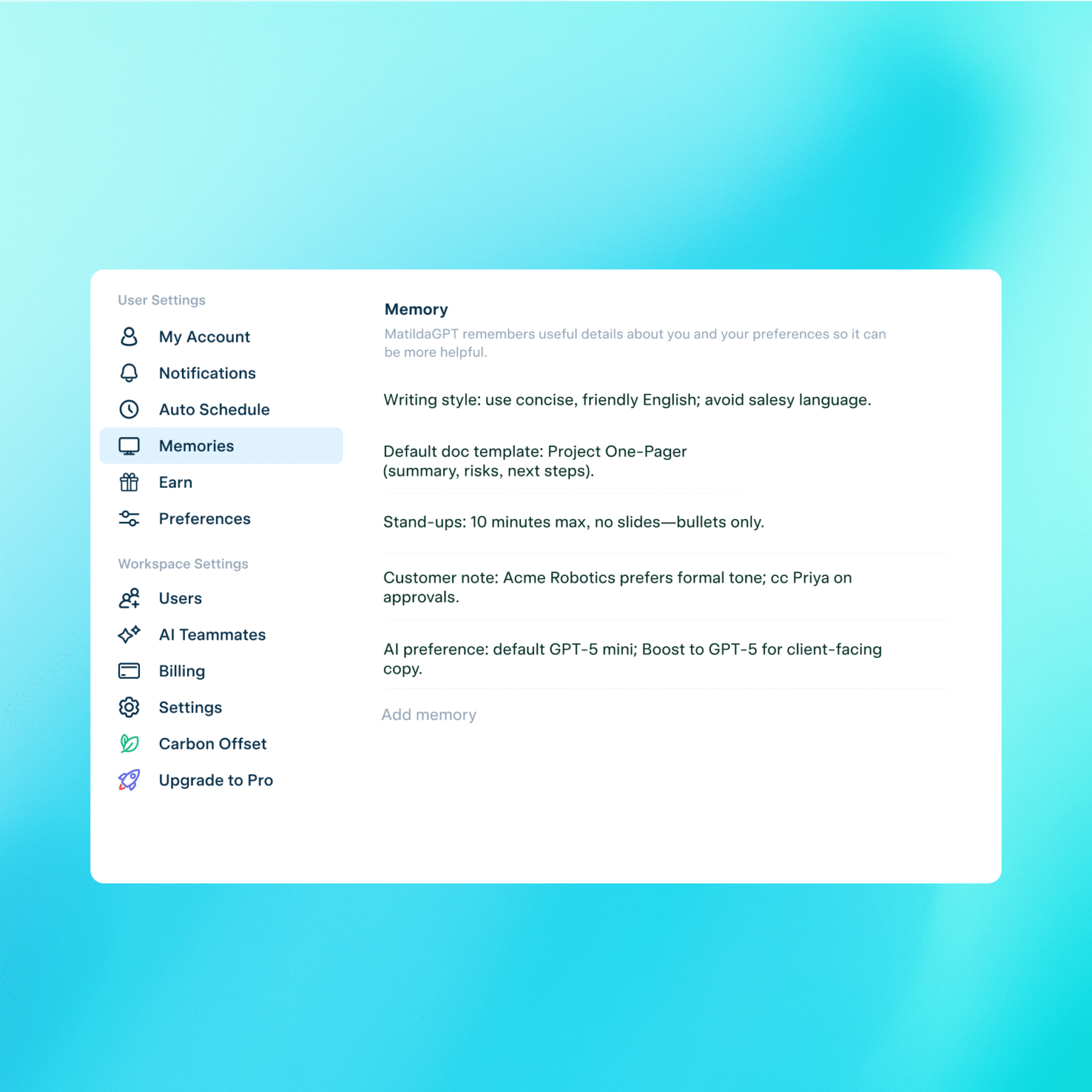 Workspace Memory - Matilda Workspace